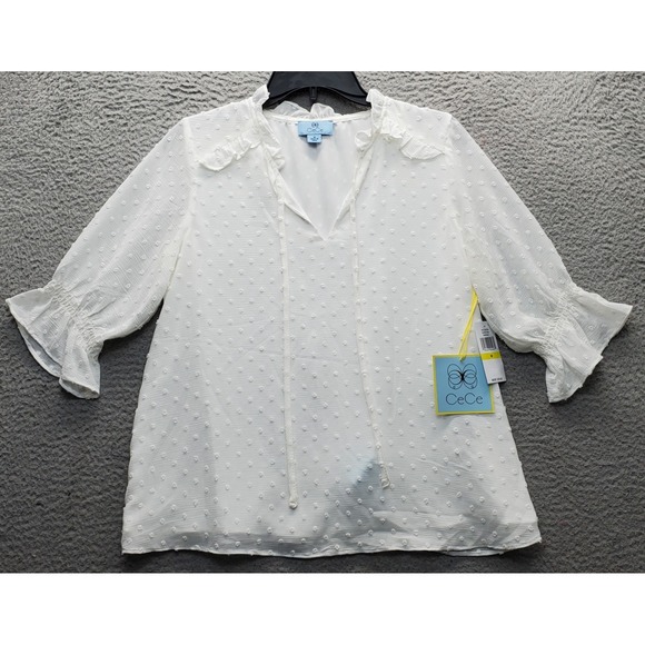 CeCe | Tops | Cece Blouse Top Womens Medium White Clipdot Lined Ruffle ...